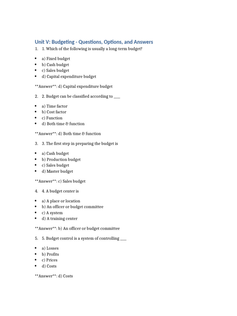 Unit v Budgeting Questions and Answers | PDF | Budget | Expense