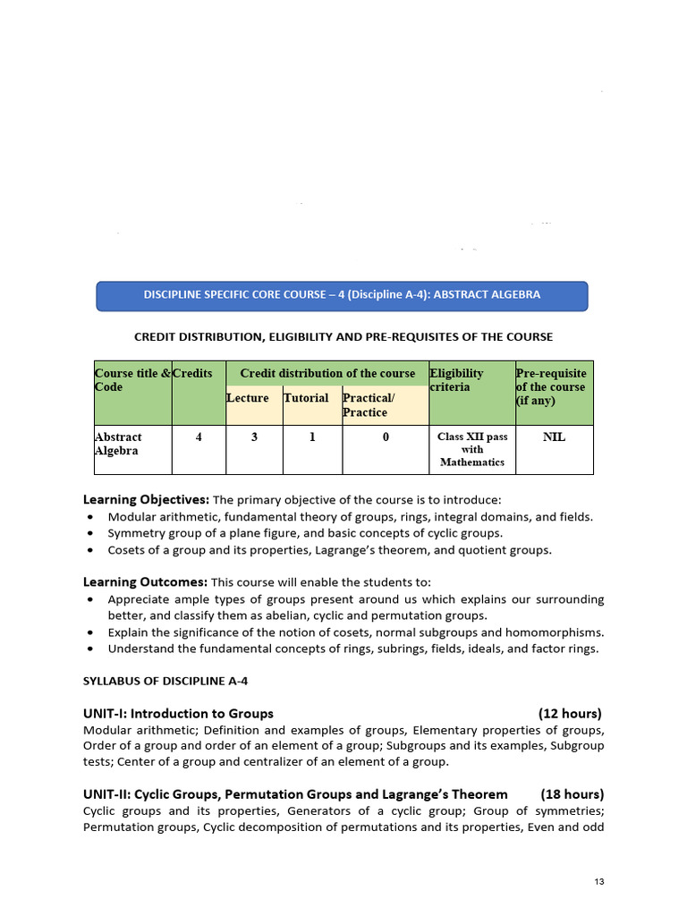 Maths GE-VI Syllabus | PDF | Group (Mathematics) | Ring (Mathematics)