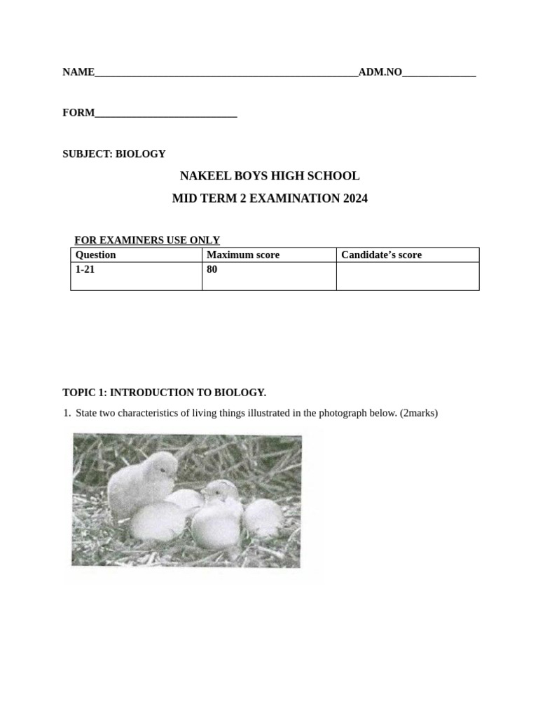 Form 2 Biology Mid Term 2 2024 | PDF | Cell (Biology) | Biology