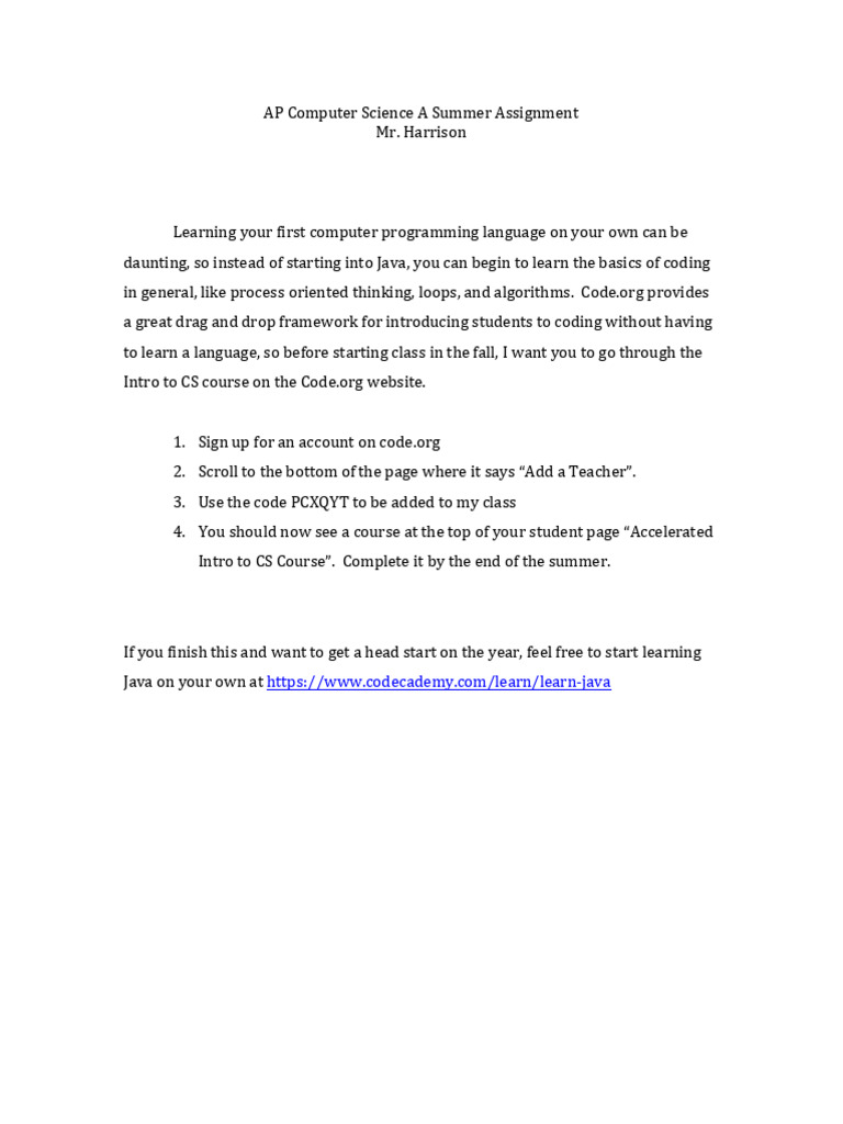 AP Computer Science A Summer Assignment | PDF
