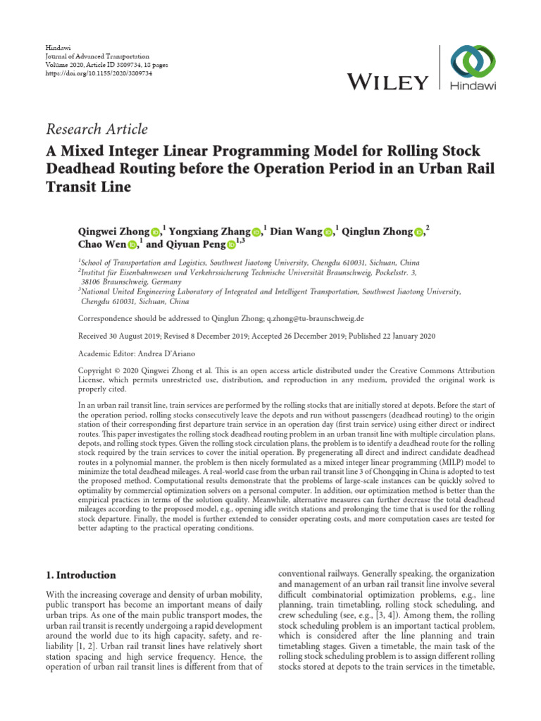 A Mixed Integer Linear Programming Model for Rolling Stock Deadhead Routing before the Operation ...