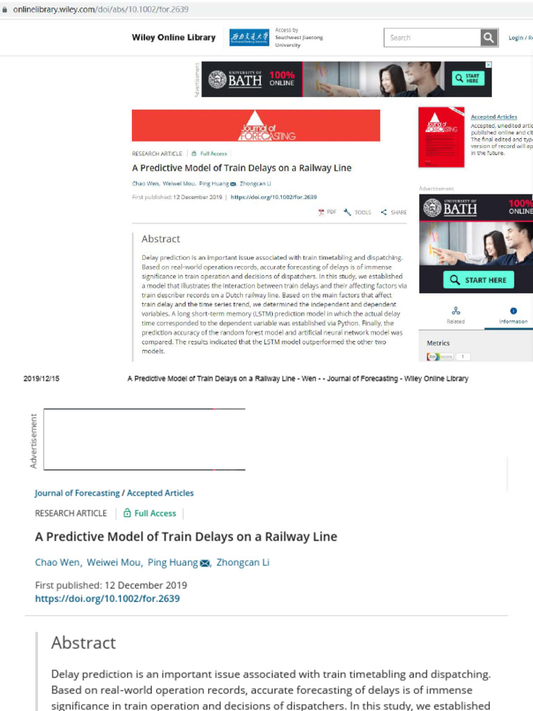 A Predictive Model of Train Delays On A Railway Line 1 - Wen - Journal ...
