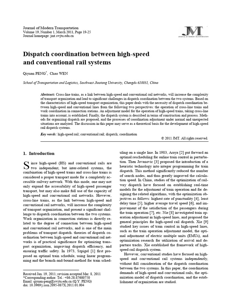 Dispatch Coordination Between High-Speed and Conventional Rail Systems | PDF | Rail Transport ...