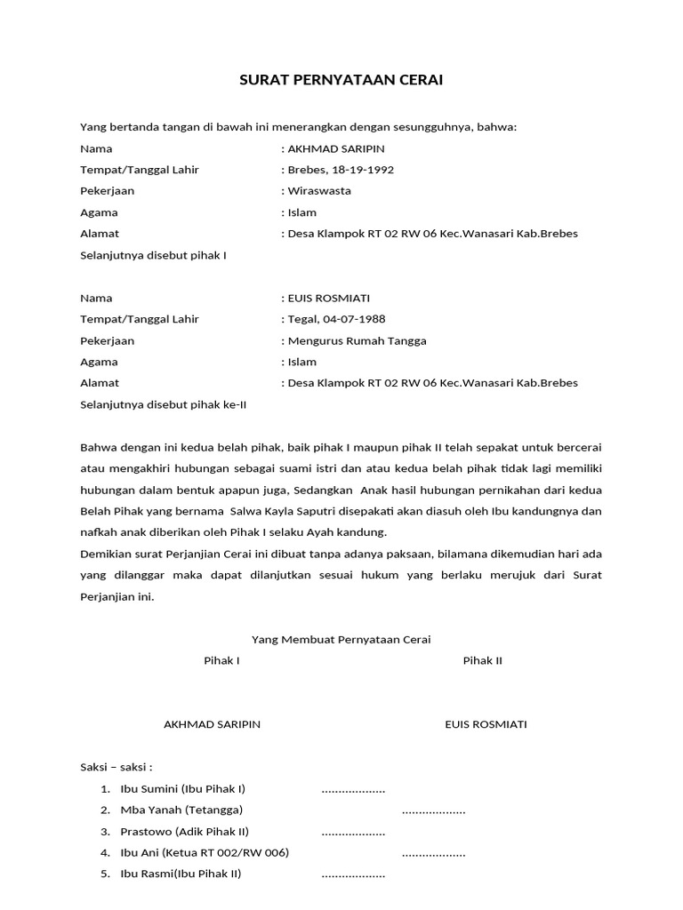 Contoh Surat Pernyataan Cerai | PDF
