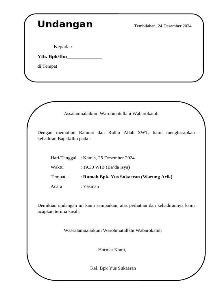 Undangan Yasinan 25 Desember 2024 | PDF