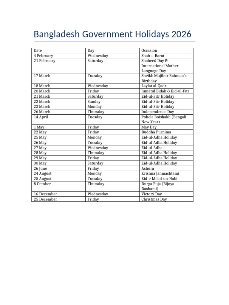 Bangladesh 2026 Holiday Calendar | PDF