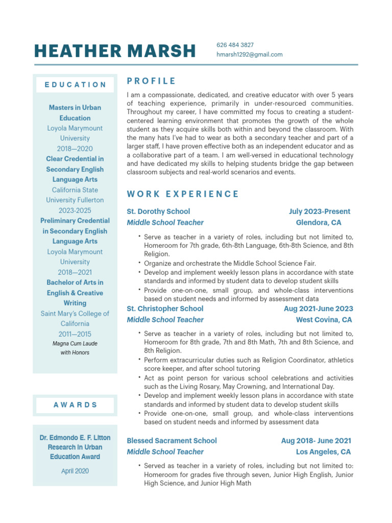 H Marsh Resume CSUF Complete | PDF | Teachers | Middle Schools