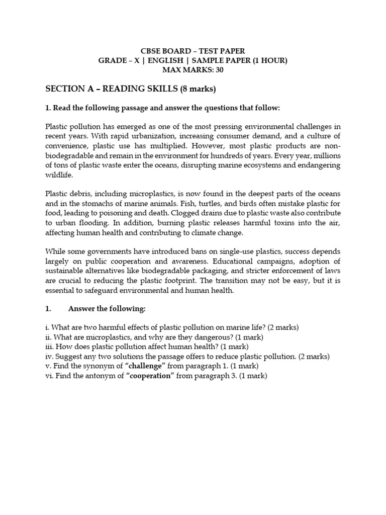 Cbse - Test Paper Sample 1 - Class X | PDF | Plastic | Pollution