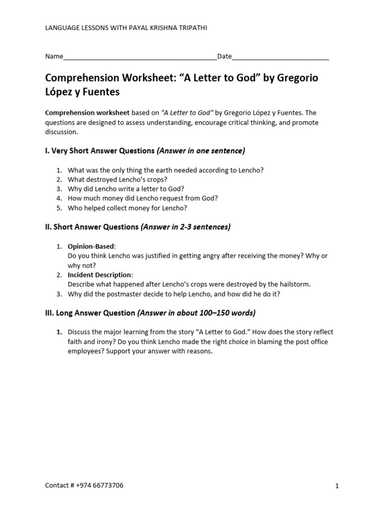 Comprehension Worksheet "A Letter to God" | PDF