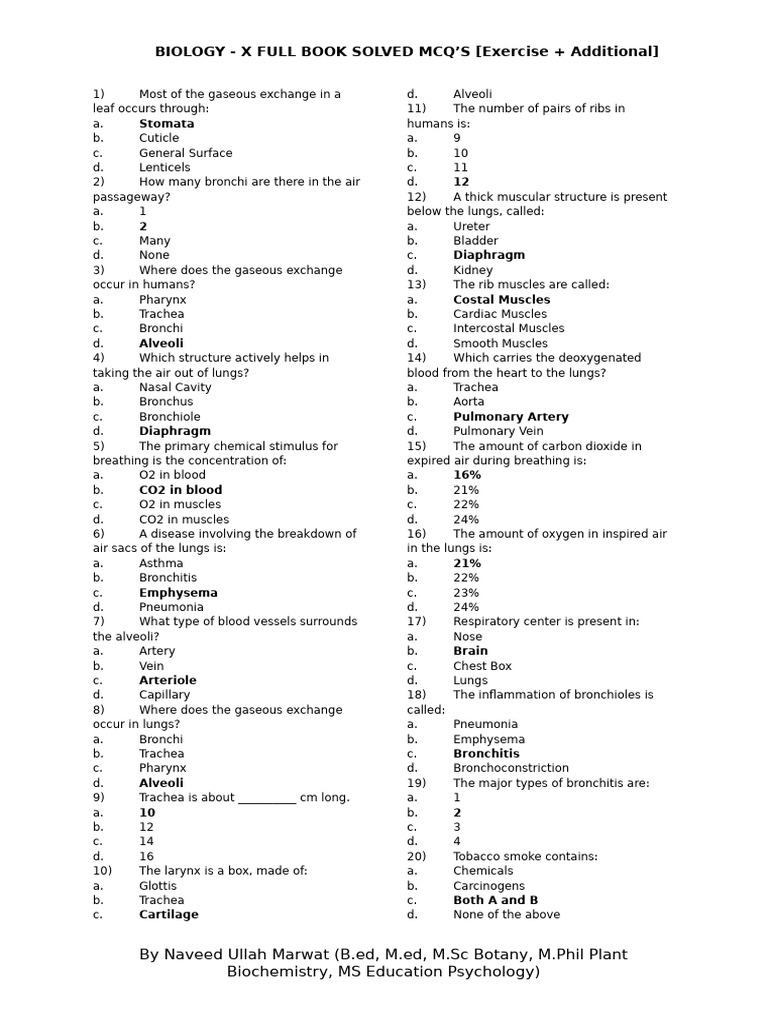 Biology X: Solved MCQs for Students | PDF | Dominance (Genetics) | Lung