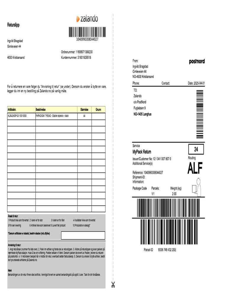 Zalando Returnsheetlabel 11606071399230 | PDF