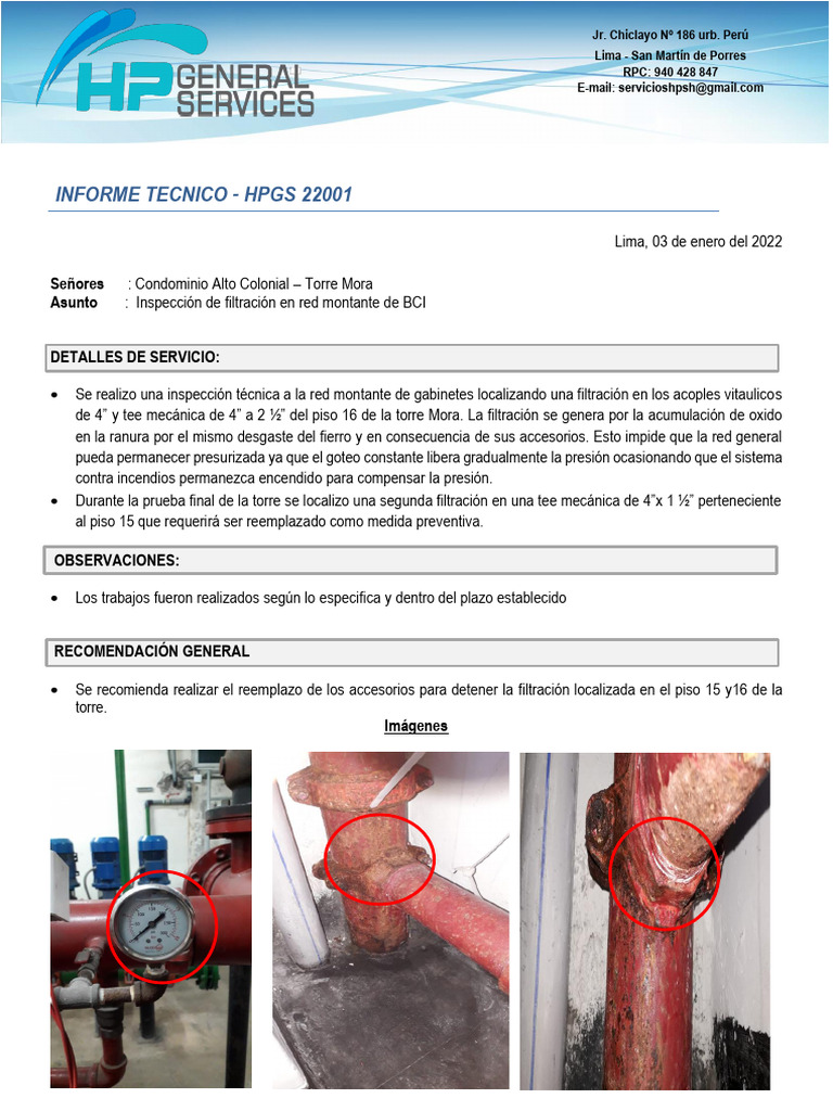 Informe Hpgs 22001 Sres Cond Alto Colonial Torre Mora Inspeccion de Red Sci de Torre | PDF