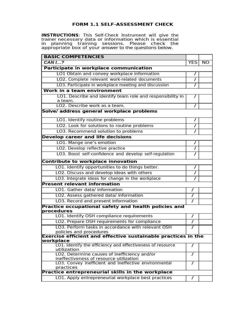 Sample - FORM 1.1 SELF-ASSESSMENT CHECK SAMPLE-TEMPLATE | PDF | Information | Housekeeping