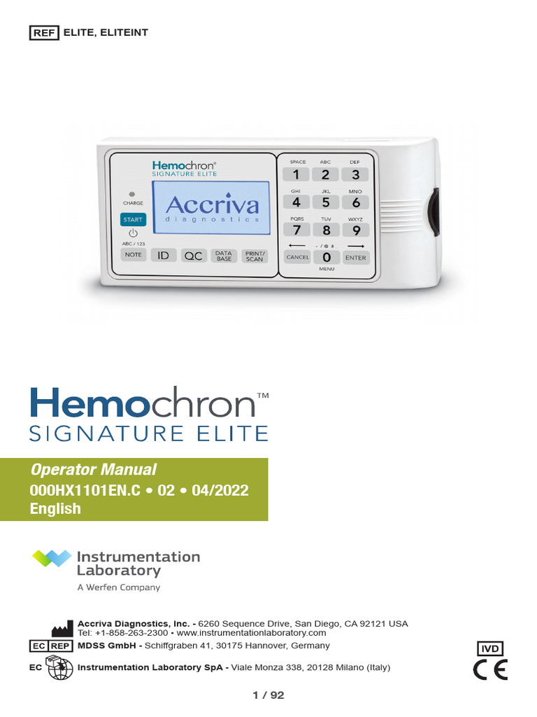Hemochron Signature Elite Operator's Manual en | PDF | Coagulation | Blood