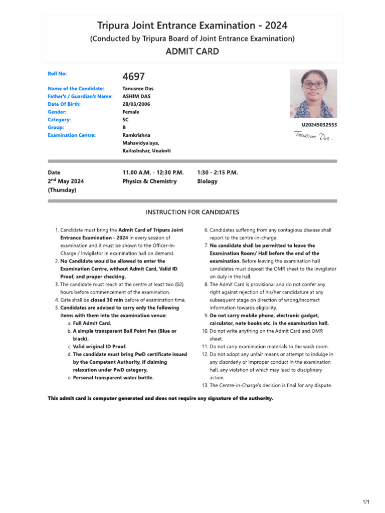 Admit Card Tbjee | PDF