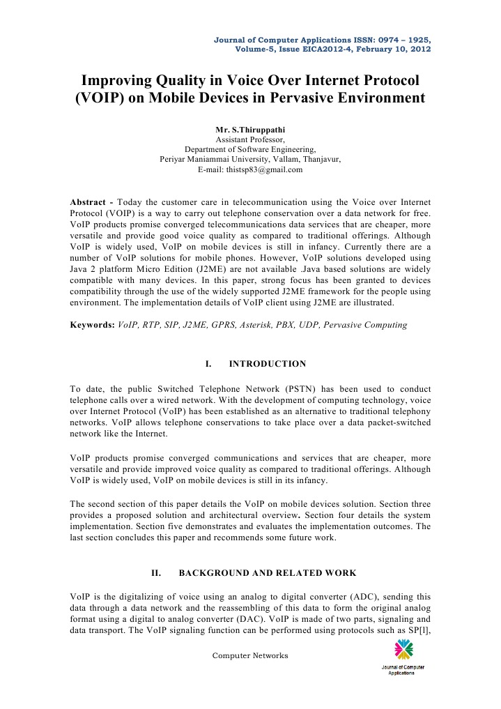 Improving Quality in Voice Over Internet Protocol (VOIP) On Mobile Devices in Pervasive ...