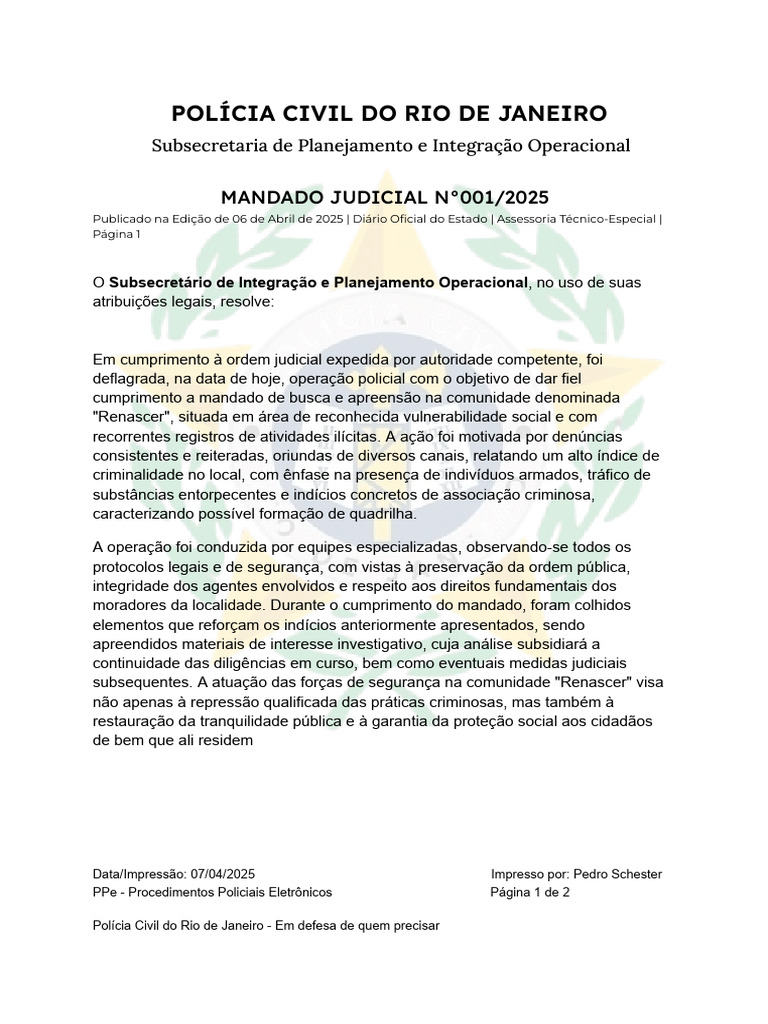 Mandado Judicial N°001 - 2025 - Pcerj | PDF | Polícia | Polícia