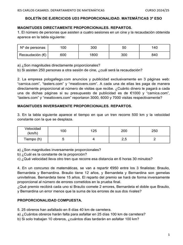 Boletín de Ejercicios Ud3 Proporcionalidad 3ºeso | PDF | Interés | Interés compuesto