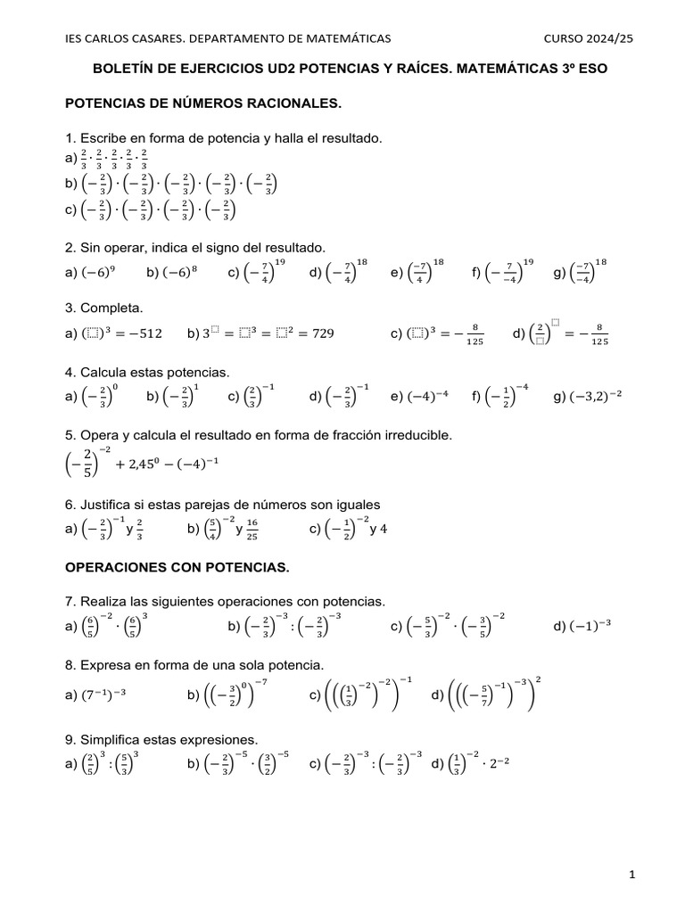 BOLETÍN DE EJERCICIOS UD2 POTENCIAS Y RAÍCES 3ºESO | PDF | Números | Aritmética