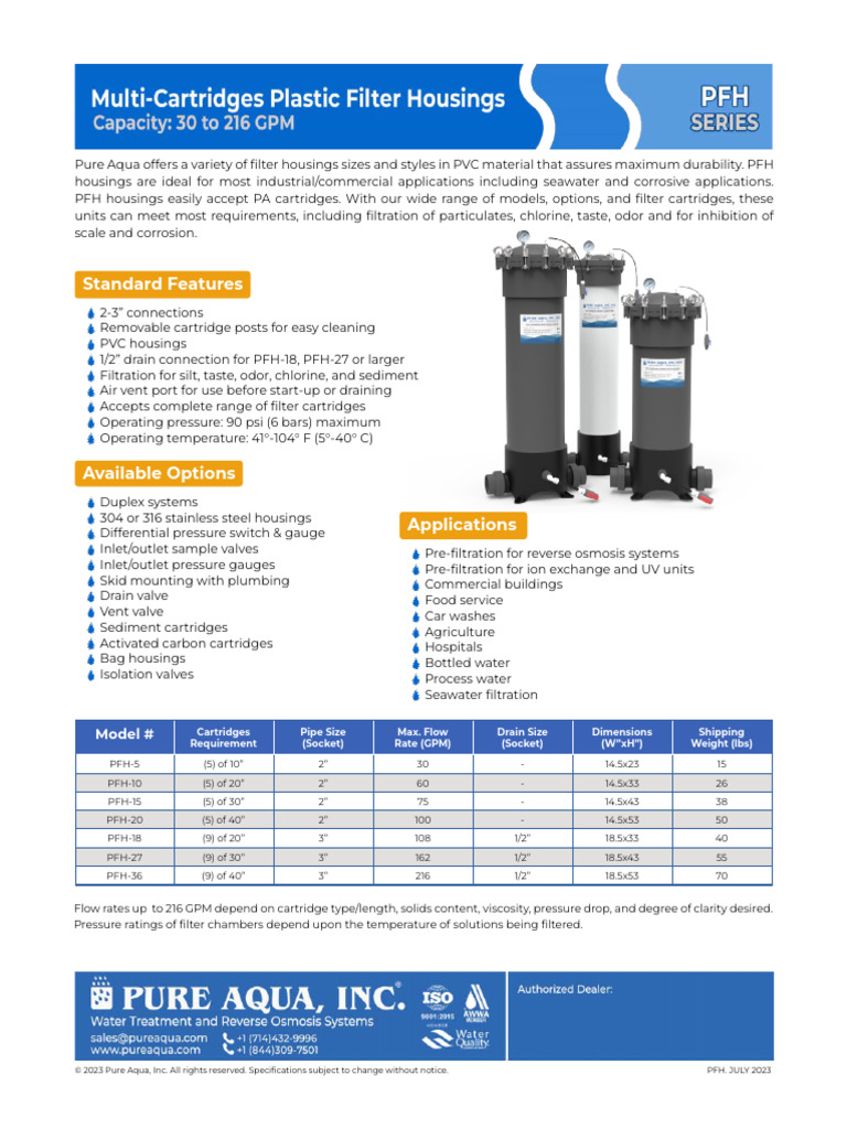 Multi Cartridges Plastic Filter Housings Data Sheet | PDF | Valve ...