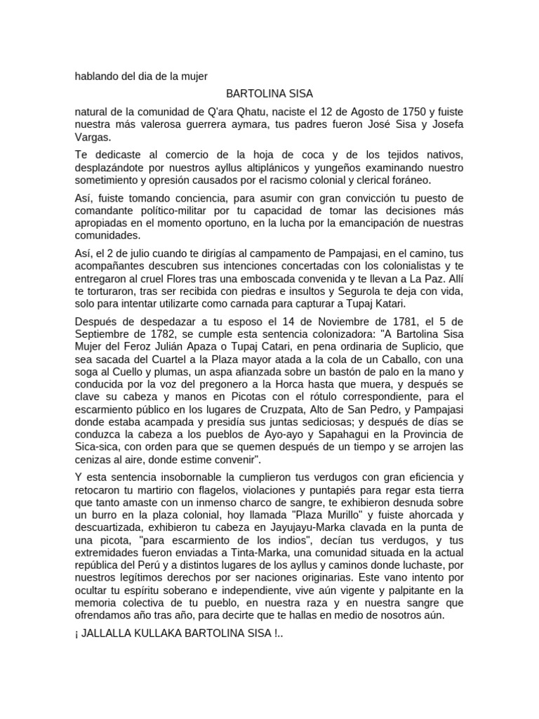 Bartolina Sisa | PDF | Gente indígena | Pueblos Indígenas de las Américas