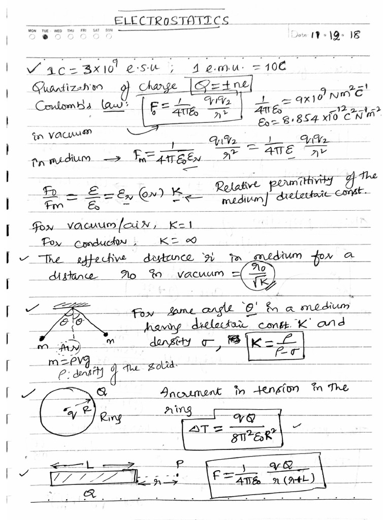 Electrostatics Formulae | PDF