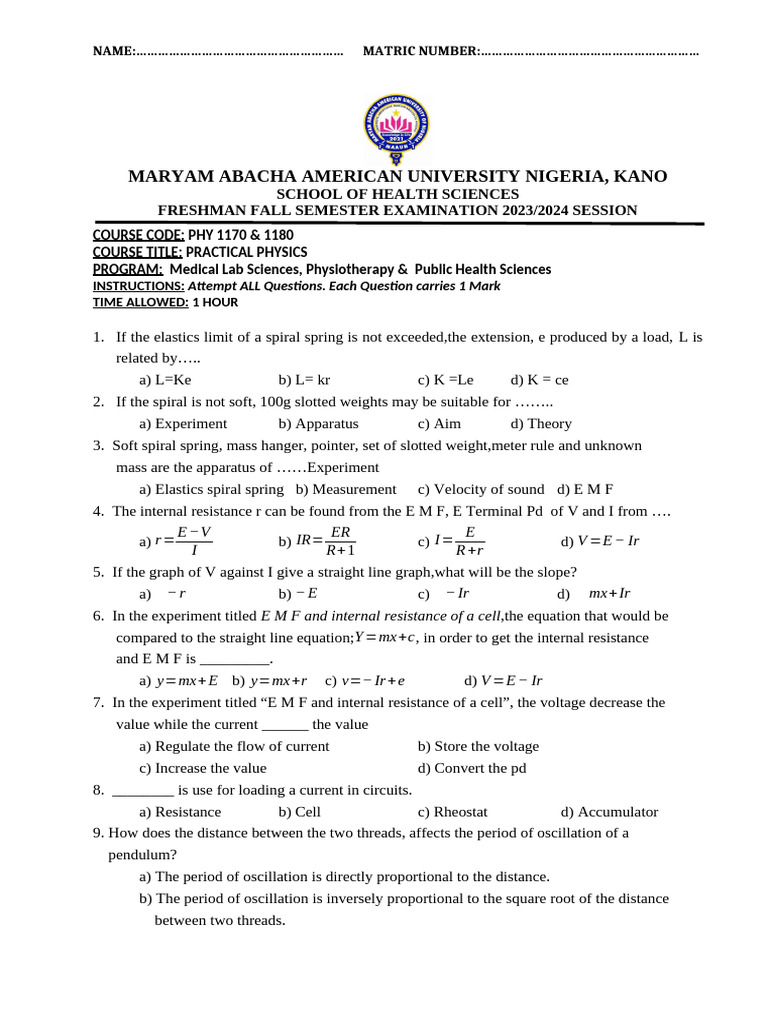 2024 Practical Physics Exams | PDF | Mechanics | Physical Quantities