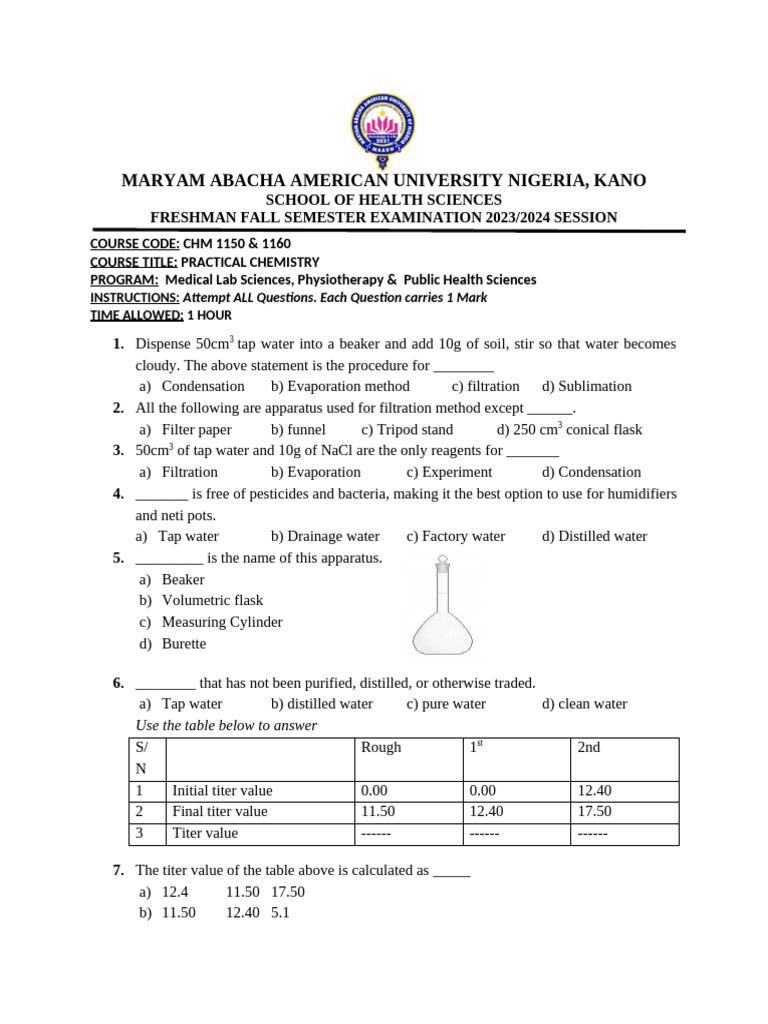 2024 Chemistry Practical Exams | PDF | Filtration | Titration