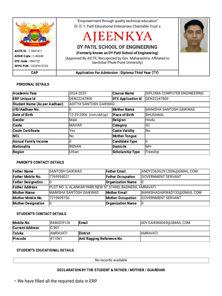 Aditya Gaikwad Admission Form | PDF