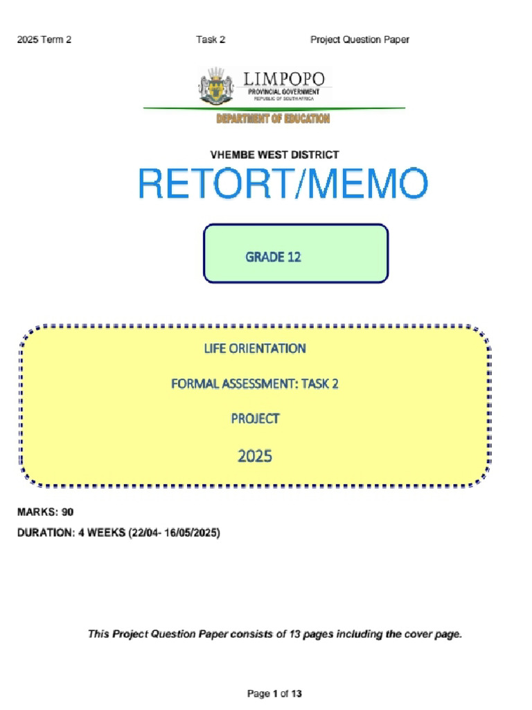 Life Orientation Formal Assessment Task 2 Project Activity 1 To ...