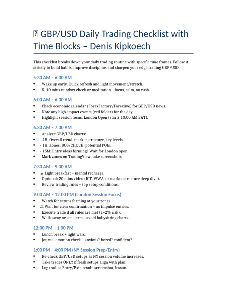 GBPUSD Time Based Daily Trading Checklist Denis Kipkoech | PDF