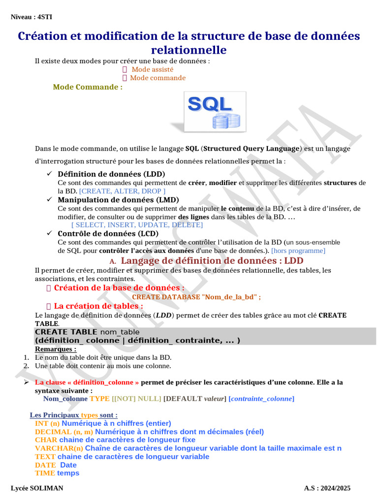 Création de bases de données LDD SQL | PDF | SQL | Gestion informatique