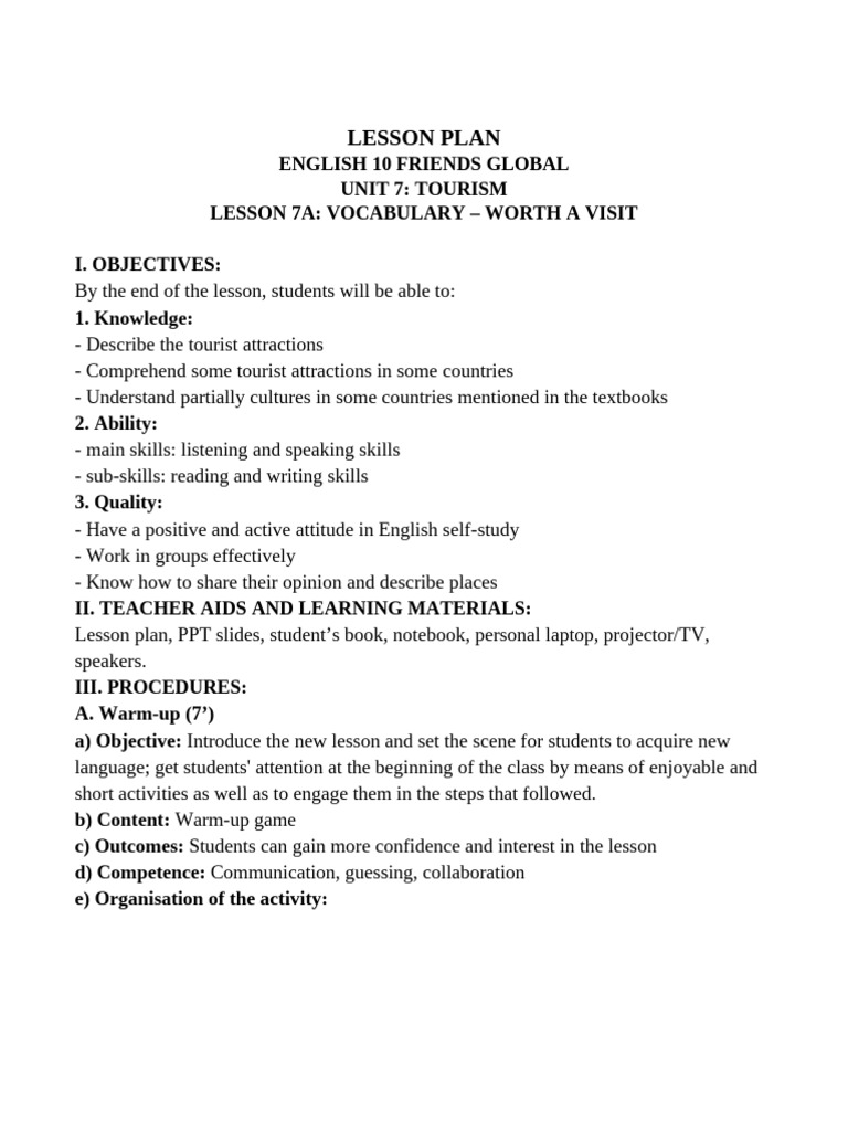 Pham Duc Duy - Lesson Plan Unit 7A - Friends Global 10 | PDF | Vocabulary | Lesson Plan