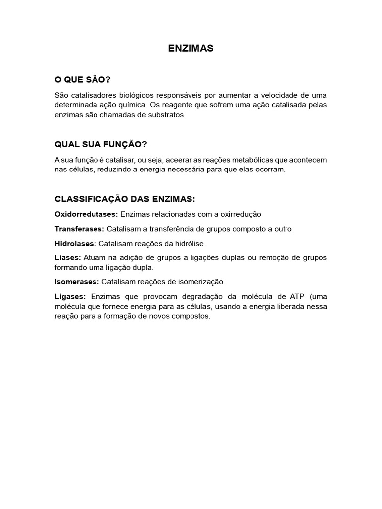 Funções e Classificação das Enzimas | PDF