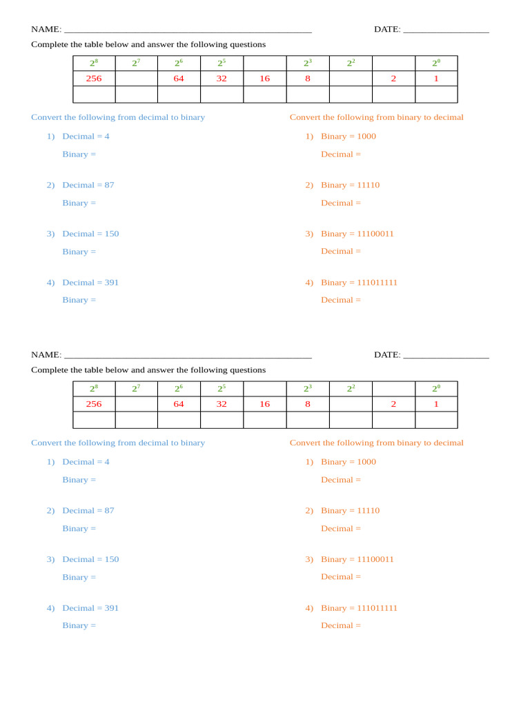 Number Bases Worksheet