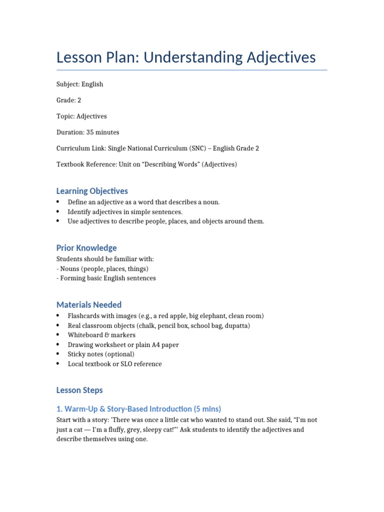 Grade 2 English Lesson Plan Adjectives | PDF