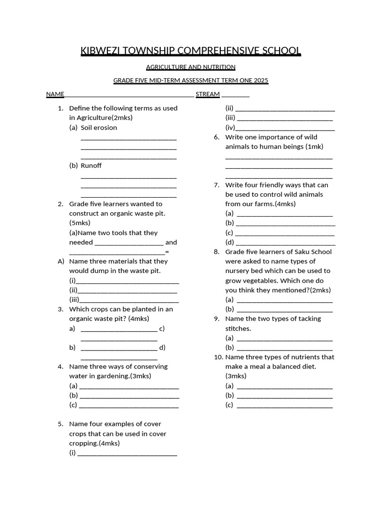 Grade 5 Agriculture Mid-Term Assessment | PDF | Agriculture | Nutrition