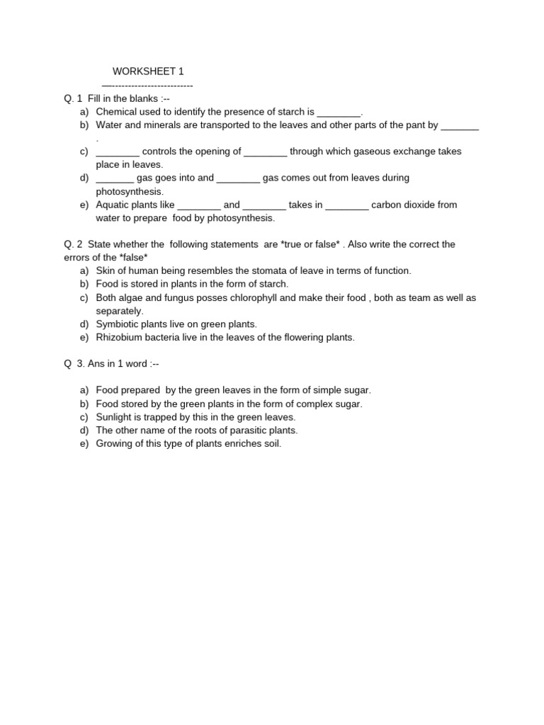 Life Processes in Plants Worksheet | PDF