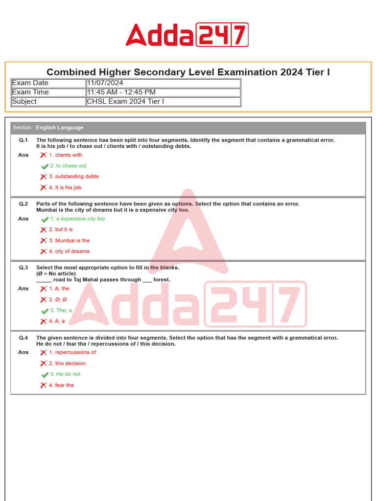 SSC CHSL Tier 1 Question Paper 11 July 2024 Shift 2 | PDF