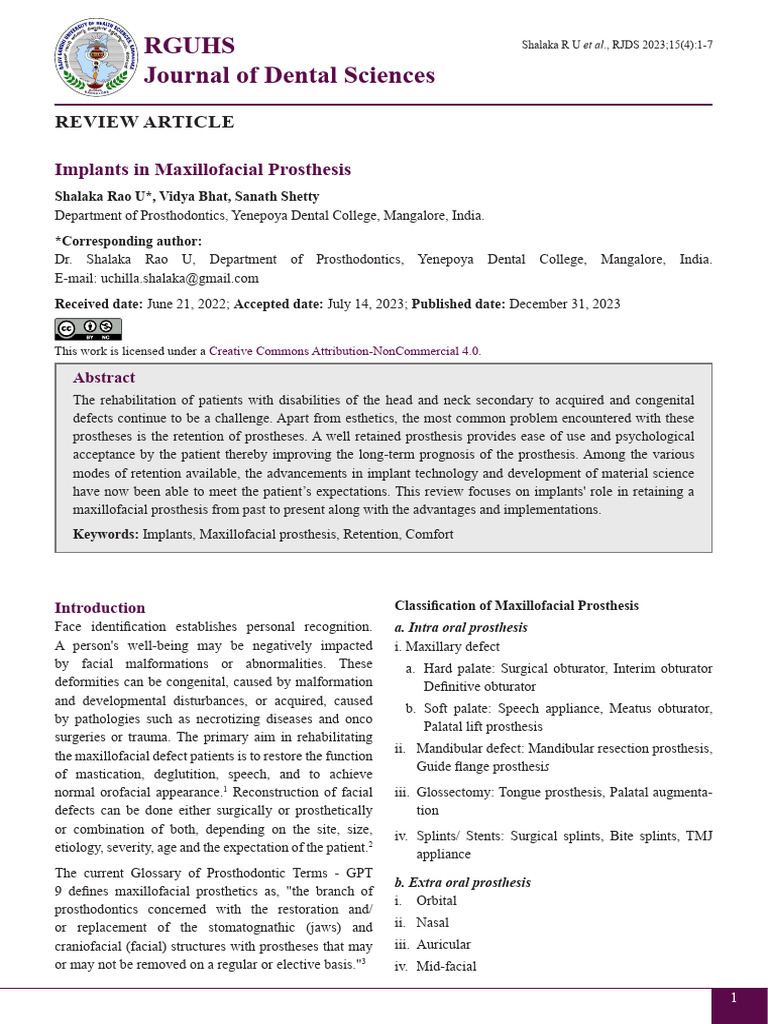 Implants in Maxillofacial Prosthesis | PDF | Dental Implant ...