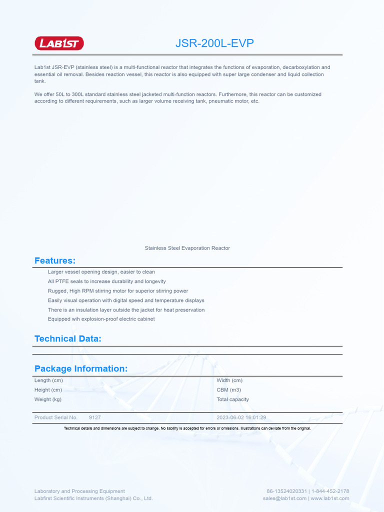 Lab1st JSR-200L-EVP Stainless Steel Jacketed Evaporation Reactor Data ...