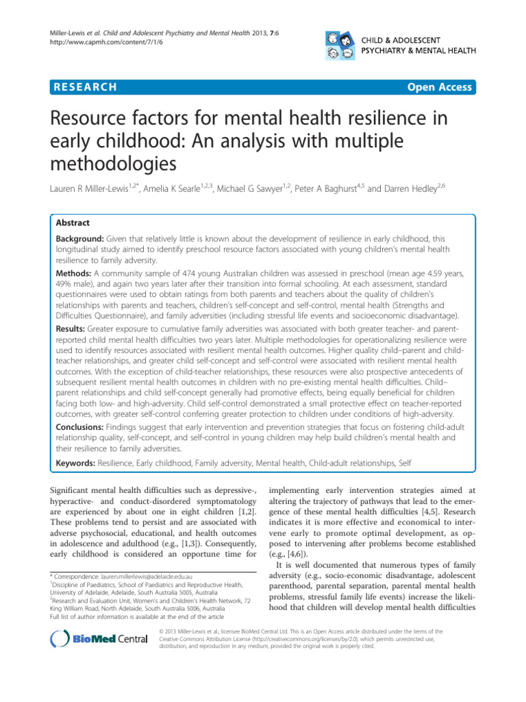Resource Factors For Mental Health Resilience in Early Childhood: An Analysis With Multiple ...