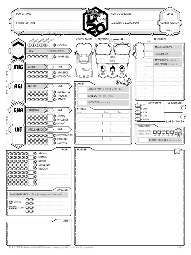 DC20 Beta 0 9 5 (Fillable) Character Sheet | PDF | Clothing | Fashion