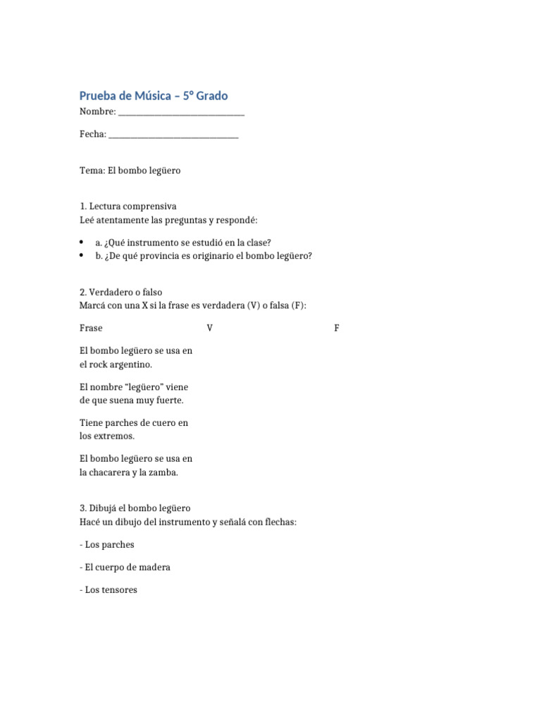 Prueba Musica 5to | PDF