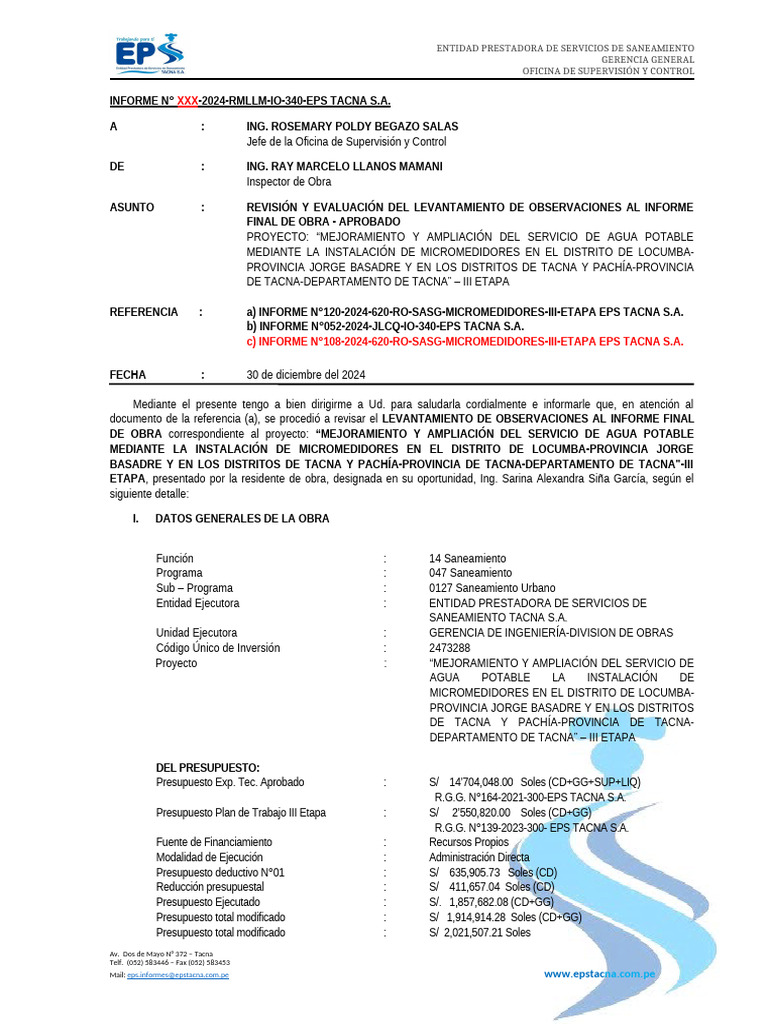 Informe Nºxxx-2024-Revisión y Evaluación de Informe Final de Obra Micro 3 - Aprobado | PDF ...