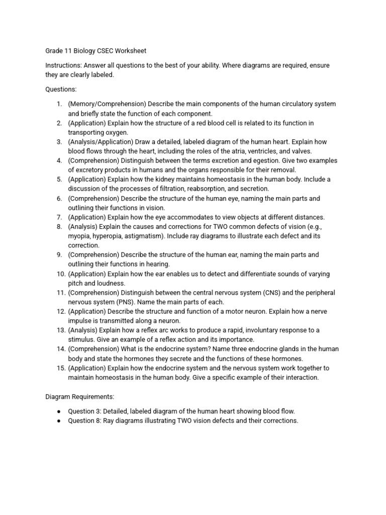 Grade 11 Biology CSEC Worksheet Guide | PDF | Human Body | Biology