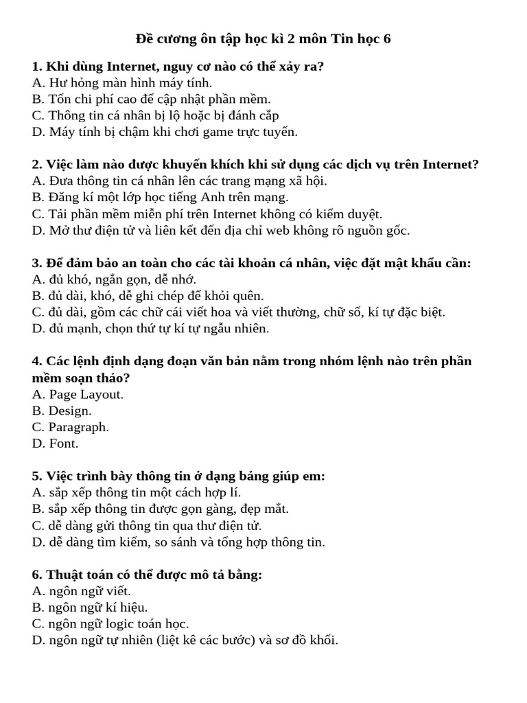 Đề Cương Tin 6-HK2 | PDF