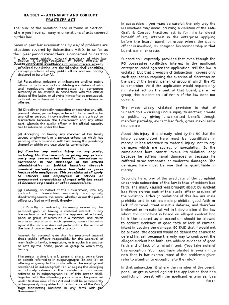 RA 3019: Anti-Graft Practices Overview | PDF | Money Laundering | Crime ...