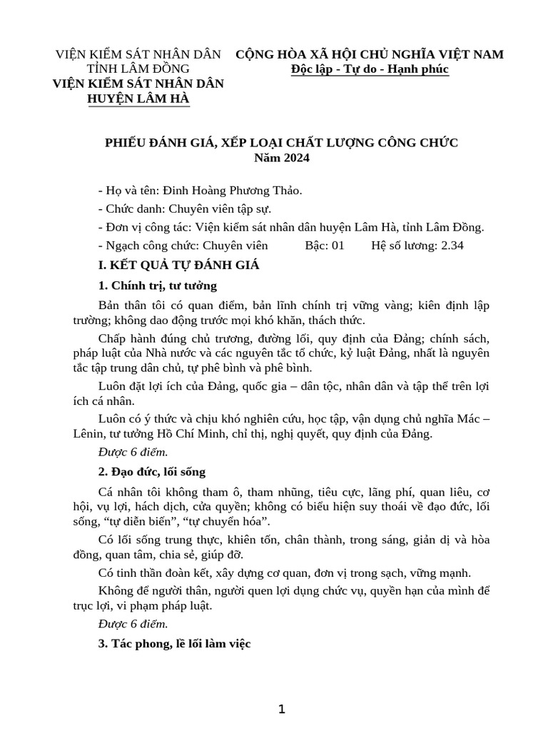 Phiếu Đánh Giá Xếp Loại CBCC 2023 | PDF