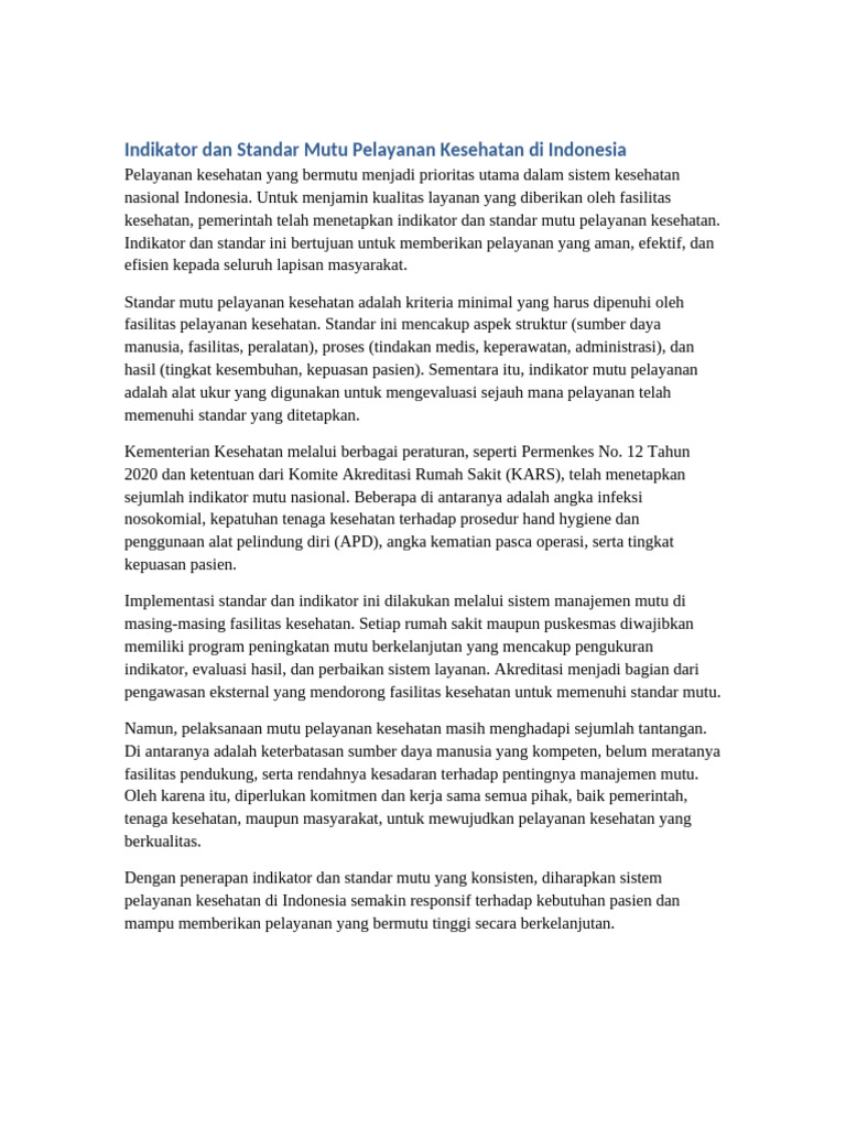 Rangkuman Indikator Dan Standar Mutu Kesehatan | PDF